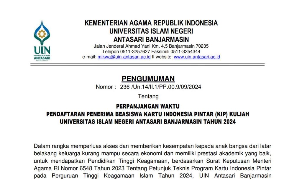 Pengumuman Perpanjangan Waktu Pendaftaran Penerima Beasiswa KIP Kuliah UIN Antasari 2024 - Situs ...