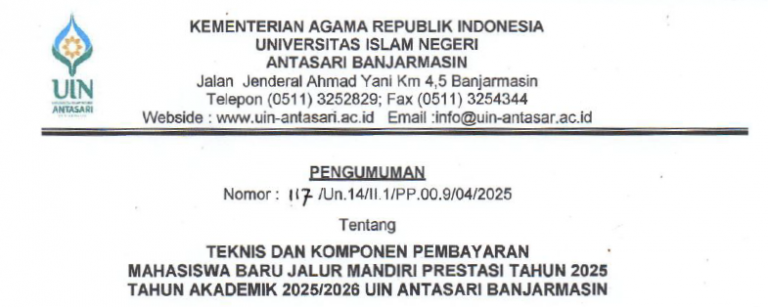 Teknis dan Komponen Pembayaran Mahasiswa Baru Jalur Mandiri Prestasi 2025 - Situs Resmi UIN Antasari
