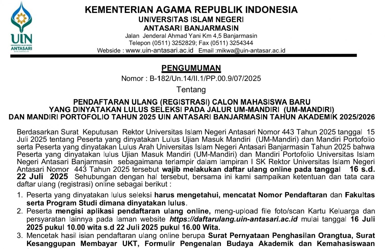 Pengumuman Pendaftaran Ulang Calon Mahasiswa Baru Jalur Ujian Masuk Mandiri dan Portofolio Tahun ...