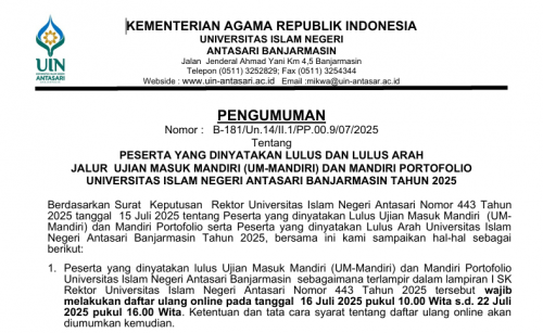 Pengumuman Kelulusan Jalur Ujian Masuk Mandiri dan Portofolio UIN Antasari Tahun 2025 - Situs ...