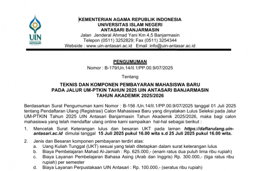 Pengumuman Teknis dan Komponen Pembayaran Mahasiswa Baru Jalur UMPTKIN 2025 UIN Antasari ...