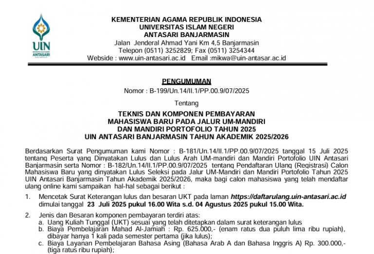 Pengumuman Teknis dan Kompponen Pembayaran Mahasiswa baru pada Jalur UM-Mandiri dan Portofolio ...
