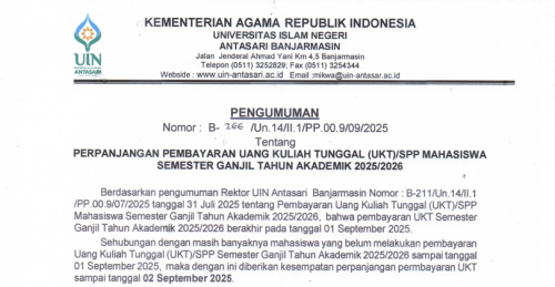 Perpanjangan Pembayaran Uang Kuliah Tunggal (UKT)/SPP Mahasiswa Semester Ganjil Tahun Akademik ...